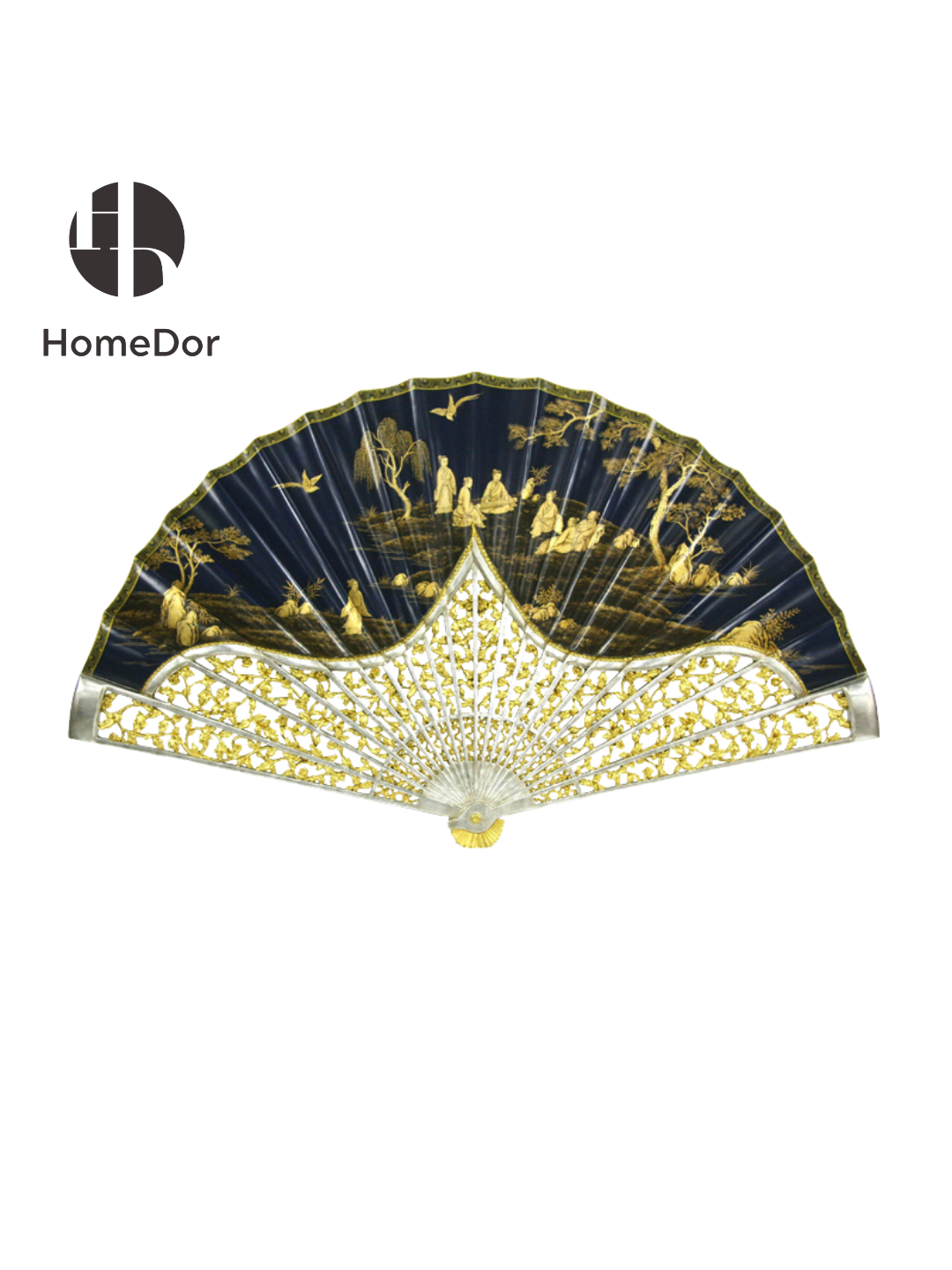 HomeDor Grand Royal Blue Chinese Figure Scenery Gold Painted Fan Wall