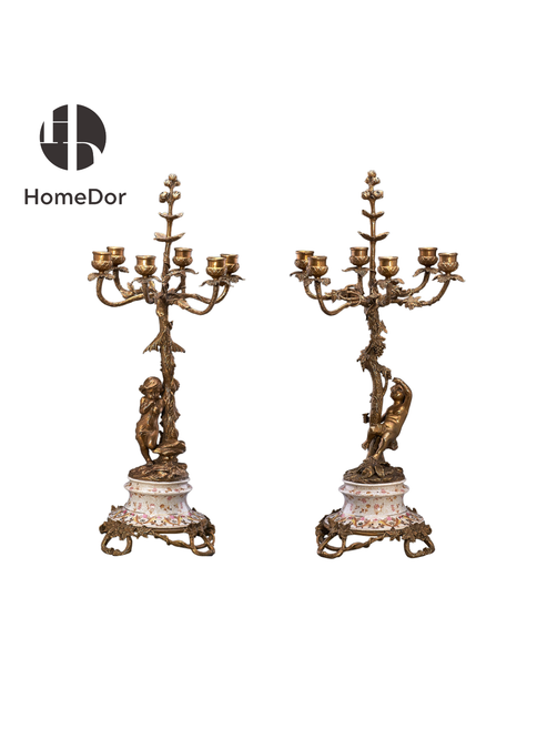 HomeDor Vintage Rococo-Style Brass Cherub Tree Branch Candelabra Pair