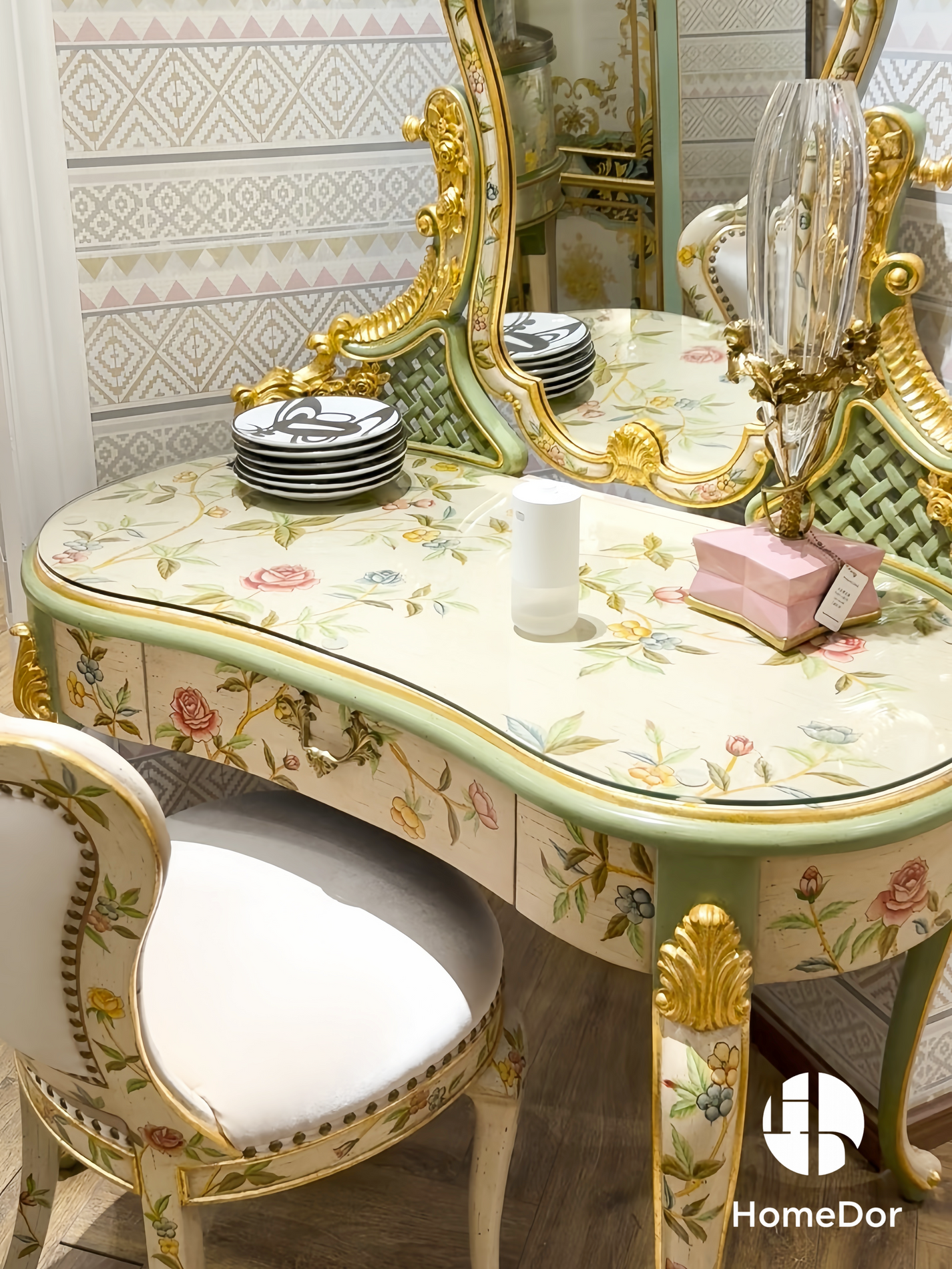 HomeDor Luxury Rococo Hand-Painted Floral Dressing Table with Ornate M