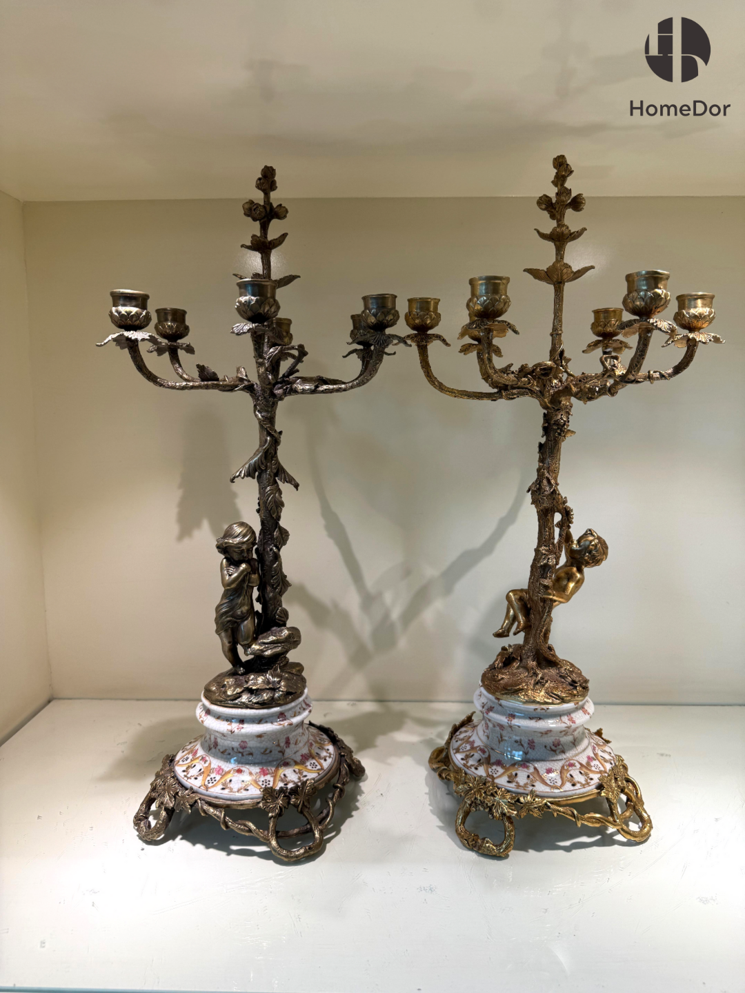 HomeDor Vintage Rococo-Style Brass Cherub Tree Branch Candelabra Pair